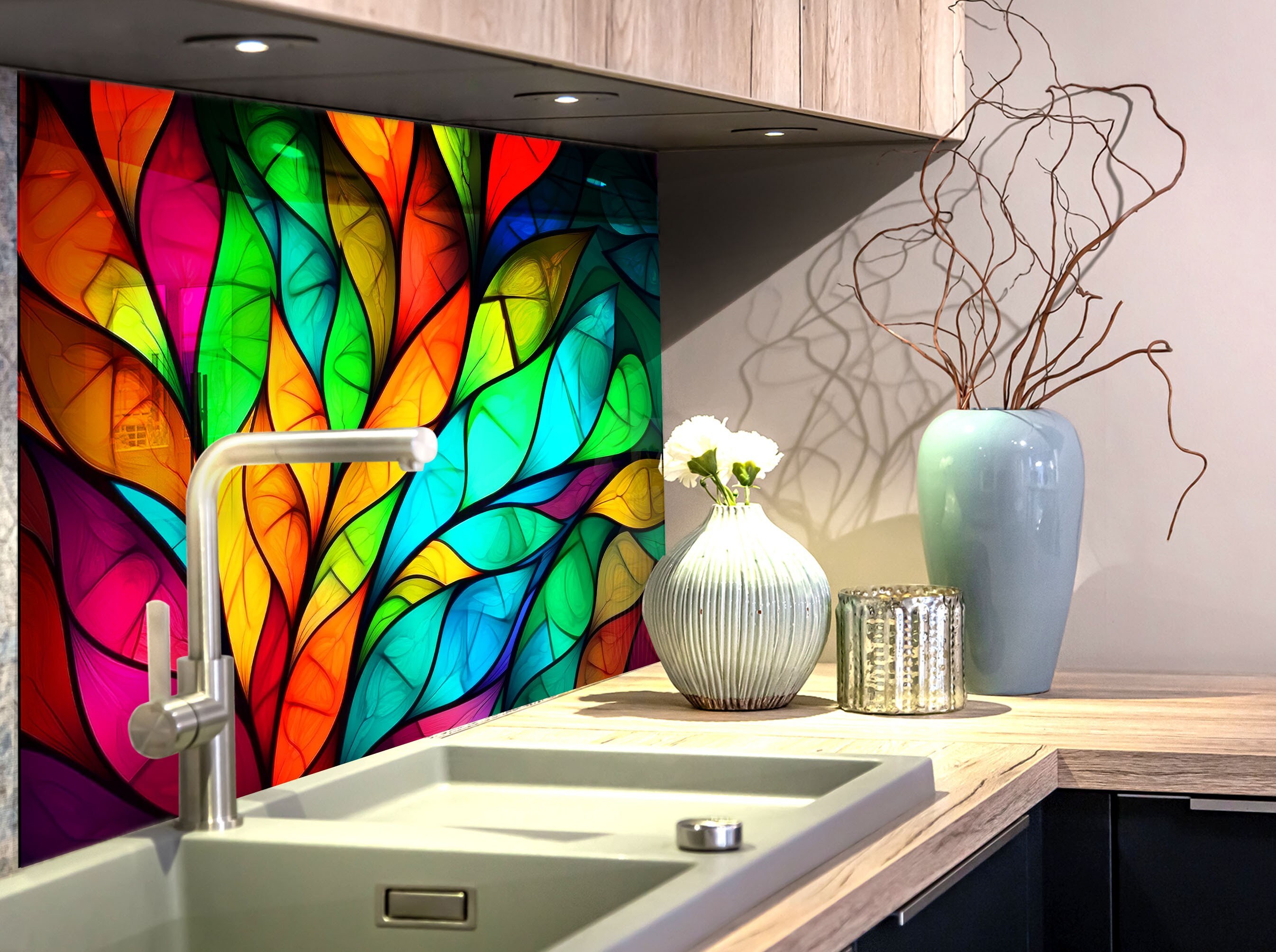 Tempered Glass Backsplash Tiles Leaves Backsplash For Green Leaf
