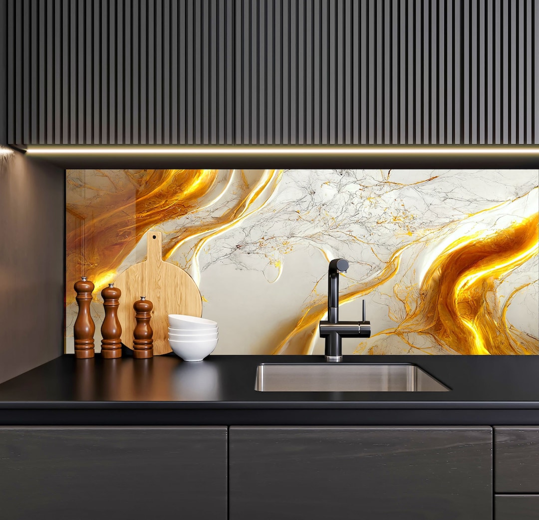 Tempered Glass Golden Backsplash Design-cooker Wall Backsplash Panel ...