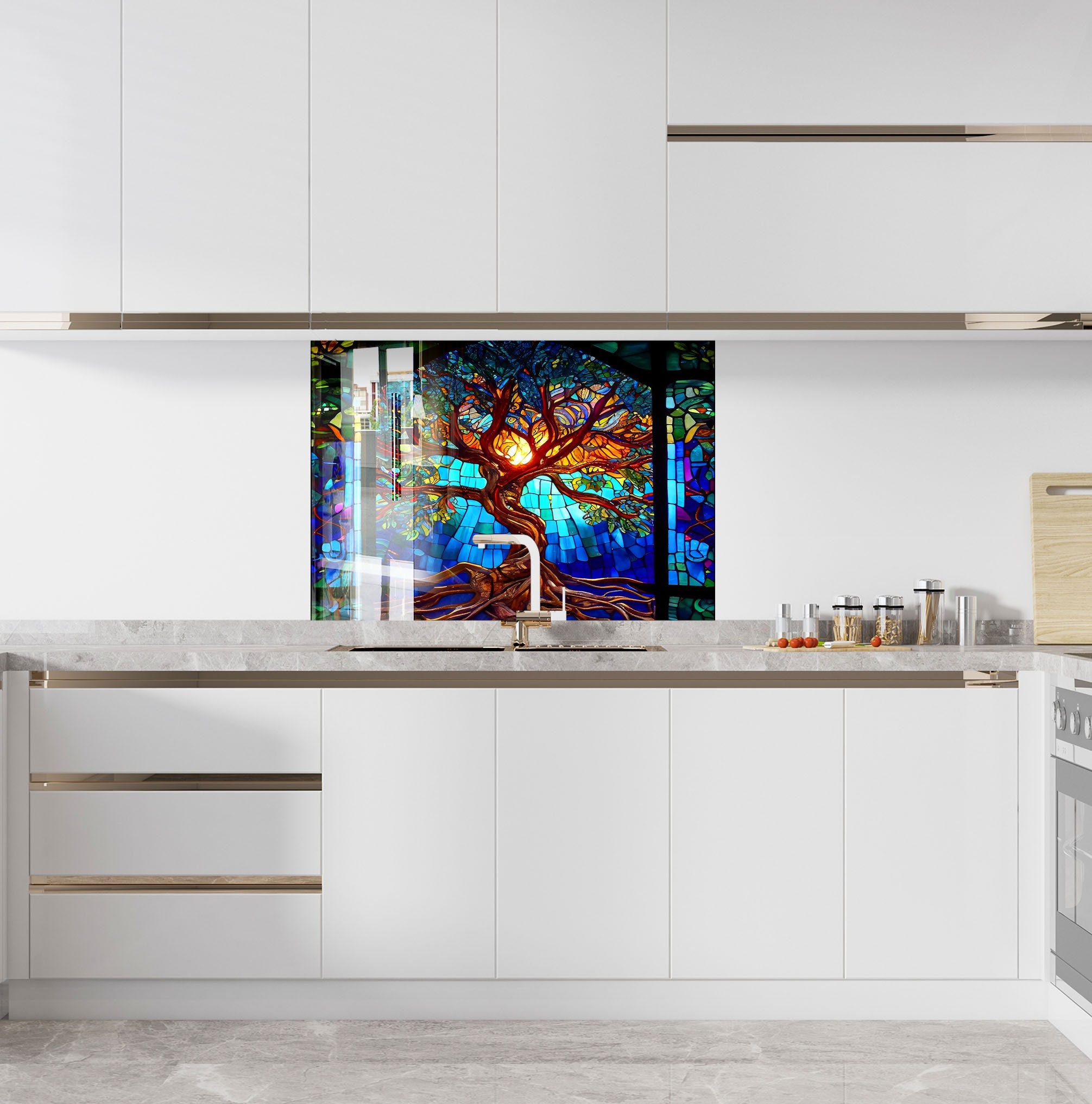 Tempered Glass Backsplash-stained Tree Backsplash for Kitchen ...