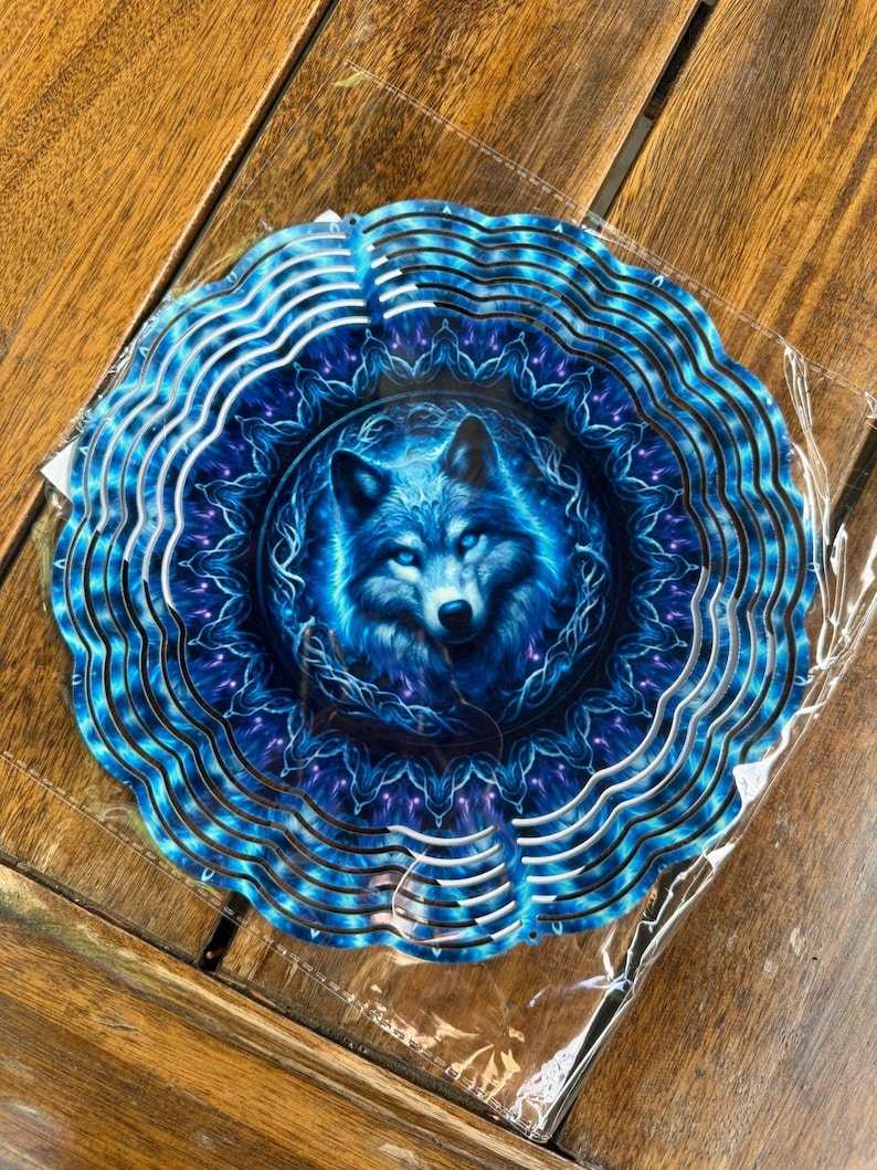 Mystic Wolf Wind Spinner – 10” Blue-eyed Wolf Garden Decor – Animal Spirit Yard Art – Wolf Lover ...