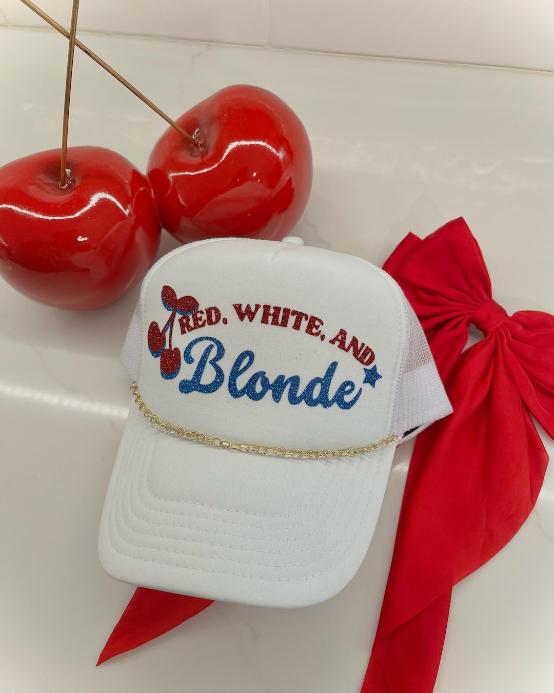 Red, White, and Blond Trucker Hat- Stylish Summer Accessory - Etsy