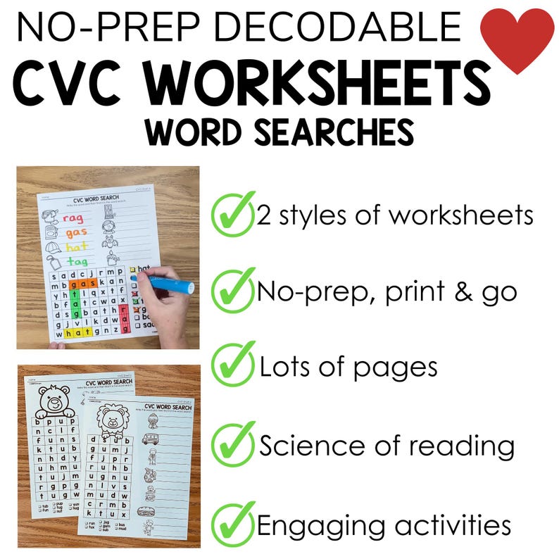 CVC Words Word Search Worksheets Kindergarten, Morning Work, Centers - Etsy