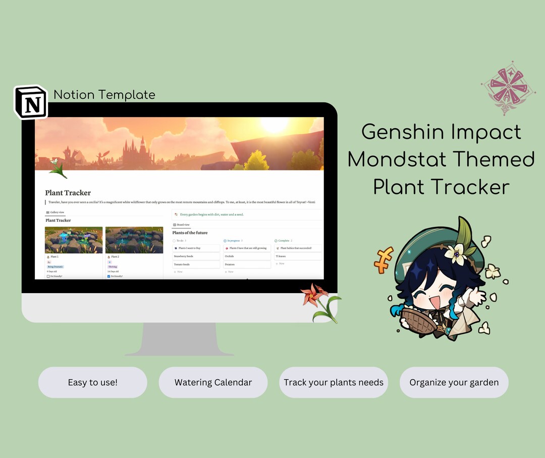 Mondstat Themed Plant Tracker | Genshin Impact | Notion Template ...