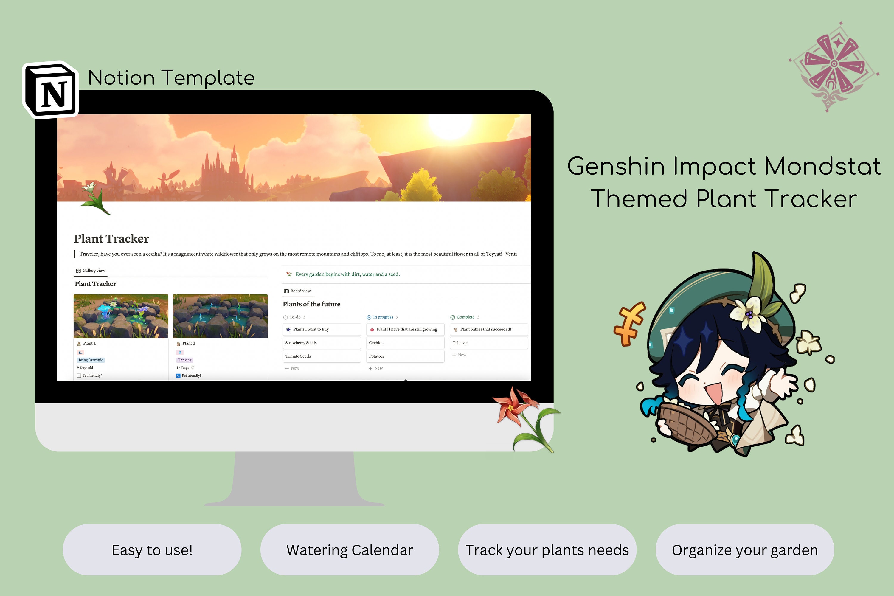 Mondstat Themed Plant Tracker Genshin Impact Notion Template Notion Dashboard Notion Tracker - Etsy
