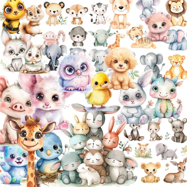 500 Watercolor Cute Baby Animals Clipart, PNG Clipart, High-resolution ...