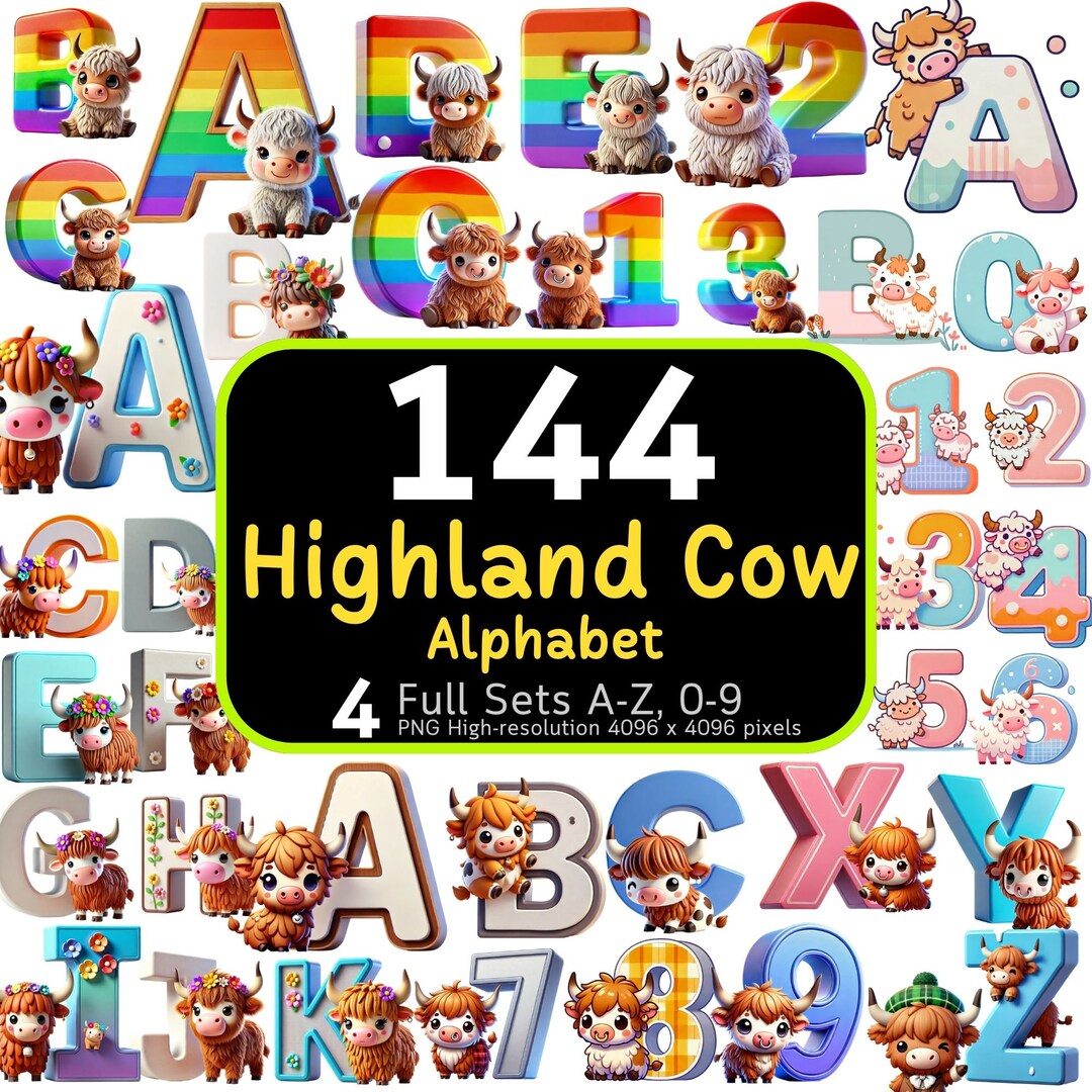 144 Highland Cow Alphabet & Numbers Bundle, Cute Highland Cow PNG, Cute ...