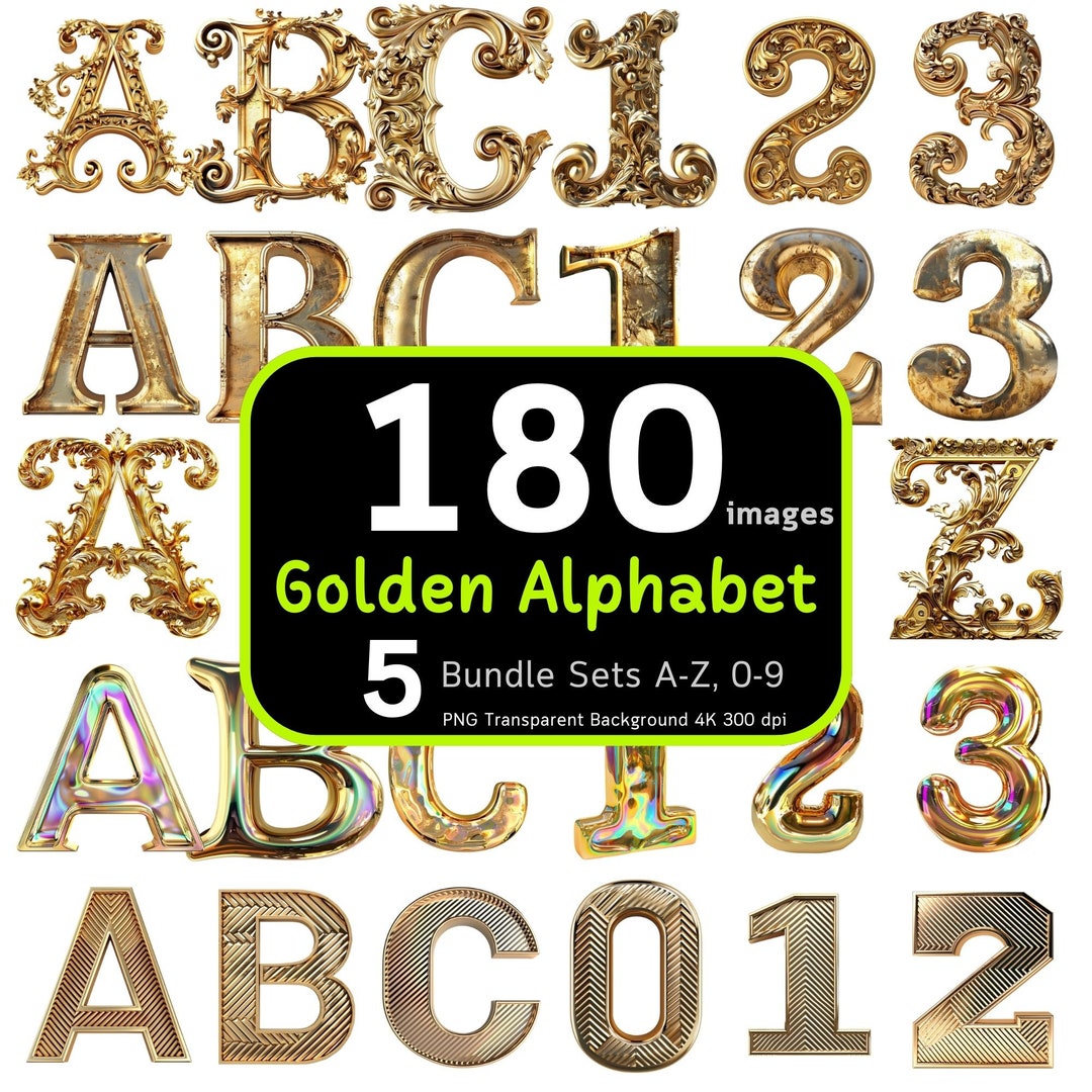 180 Golden Alphabet Bundle, Gold Letters, Gold PNG, Gold Alphabet Font ...