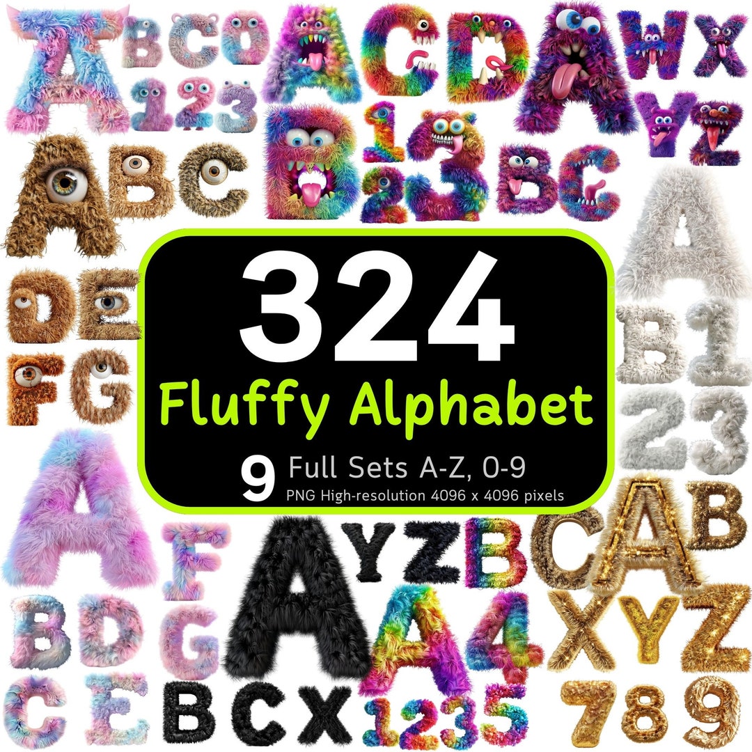 324 Fluffy Alphabet & Numbers Bundle, Fluffy PNG, Cute Alphabet ...