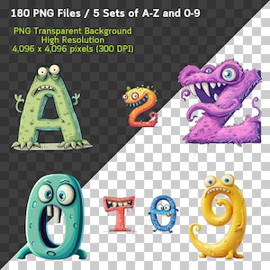 180 Funny Creature Alphabet Bundle, Cute Monster PNG, Funny Monster ...