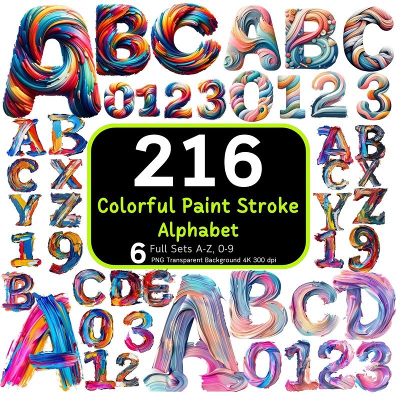 216 Paint Stroke Alphabet Bundle, Paint Letters, Colorful Alphabet ...