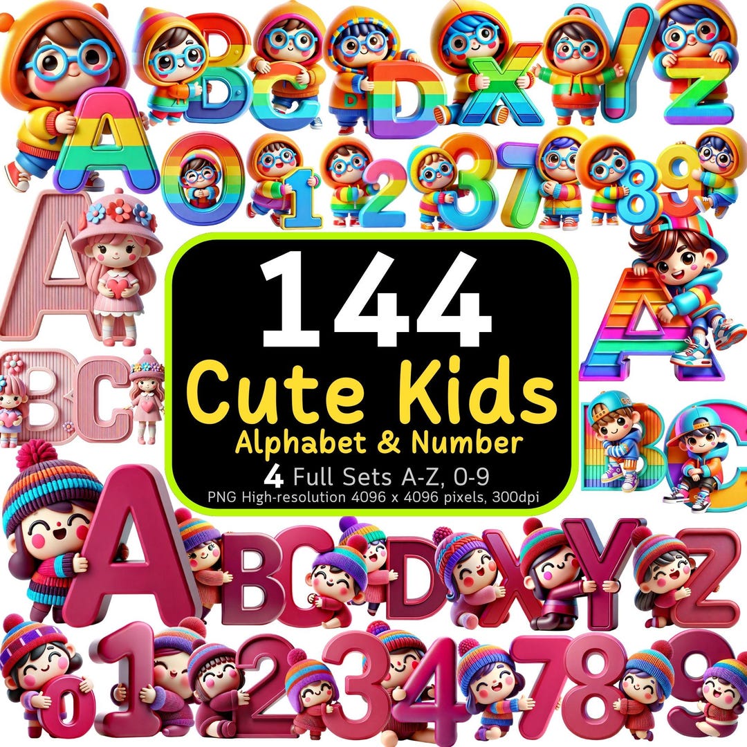 144 Cute Kids Alphabet & Numbers Bundle, Cute Letter Set, Cute Kids PNG ...