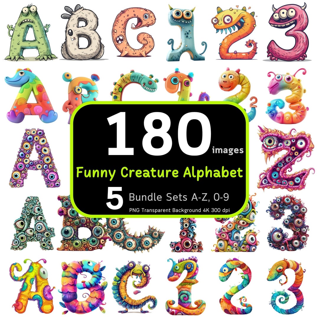 180 Funny Creature Alphabet Bundle, Cute Monster PNG, Funny Monster ...