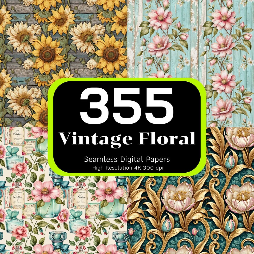 355 Vintage Floral Seamless Digital Papers, Seamless Patterns, Shabby ...