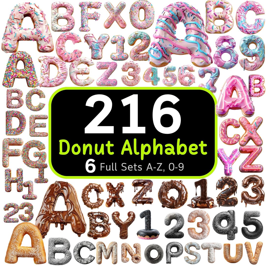 216 Donut Alphabet & Numbers Bundle, Sweet Treats PNG, Cute Alphabet ...