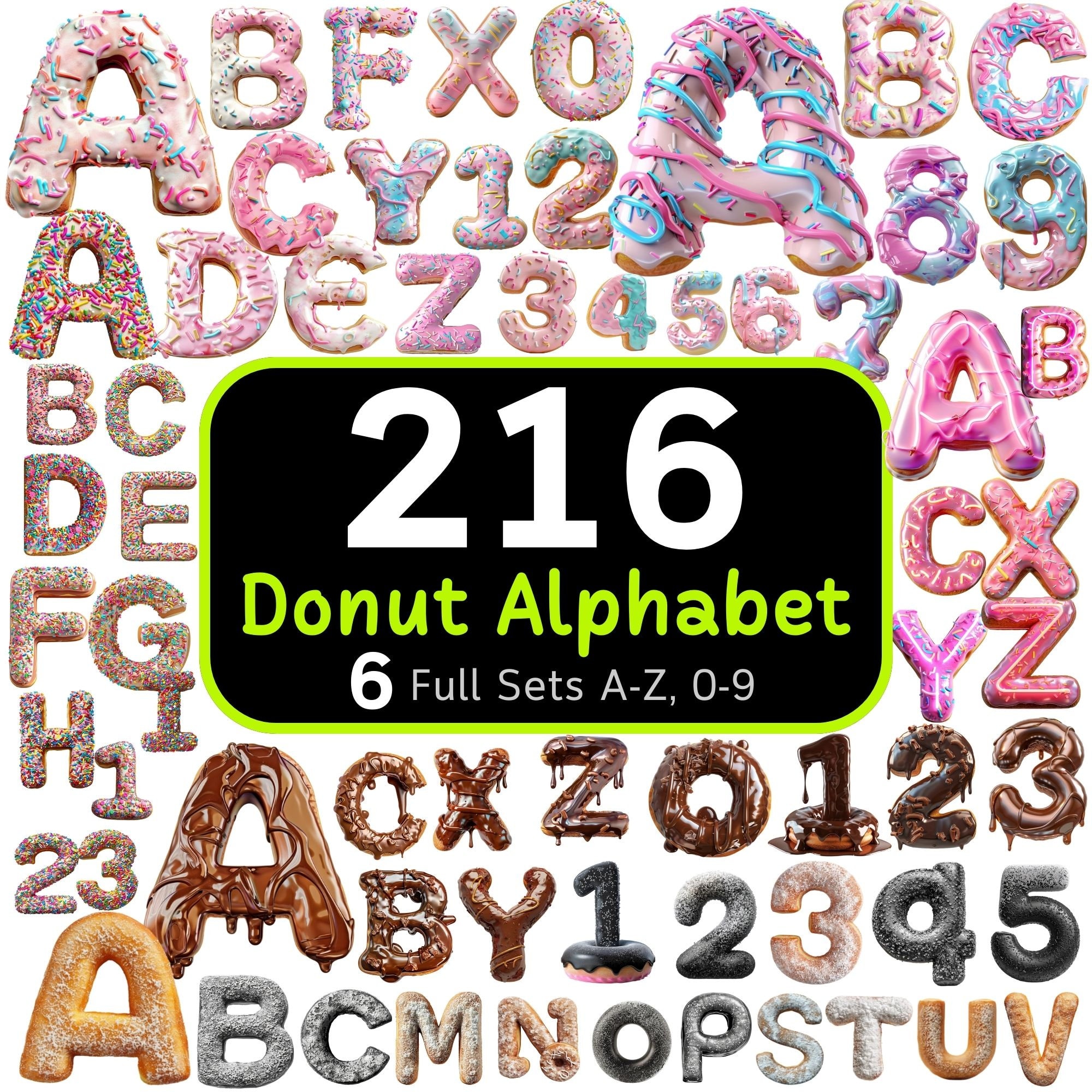 216 Donut Alphabet & Numbers Bundle, Sweet Treats PNG, Cute Alphabet ...