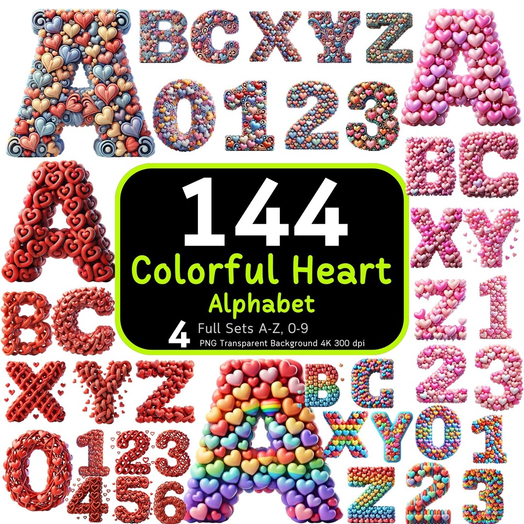 144 Colorful Heart Alphabet Bundle, Heart Letters, Heart Clipart, Cute ...