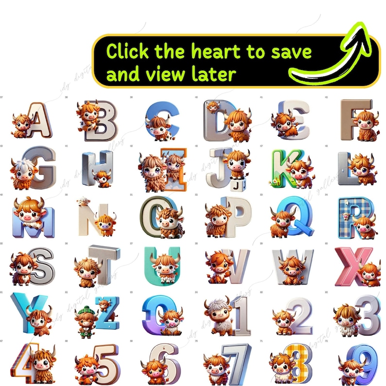 144 Highland Cow Alphabet & Numbers Bundle, Cute Highland Cow PNG, Cute ...
