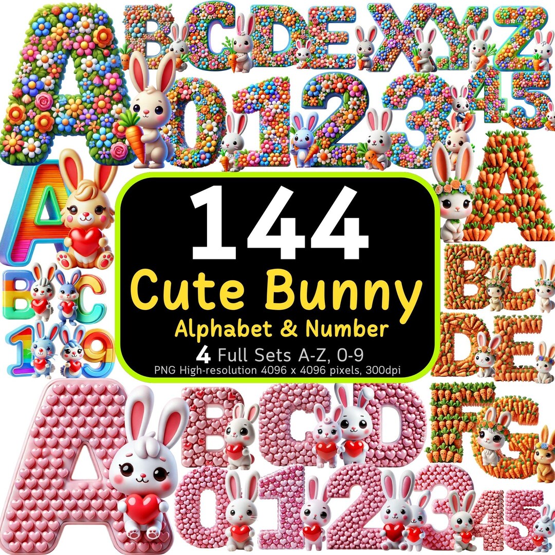 144 Cute Bunny Alphabet & Numbers Bundle, Bunny Letters, Cute Alphabet ...
