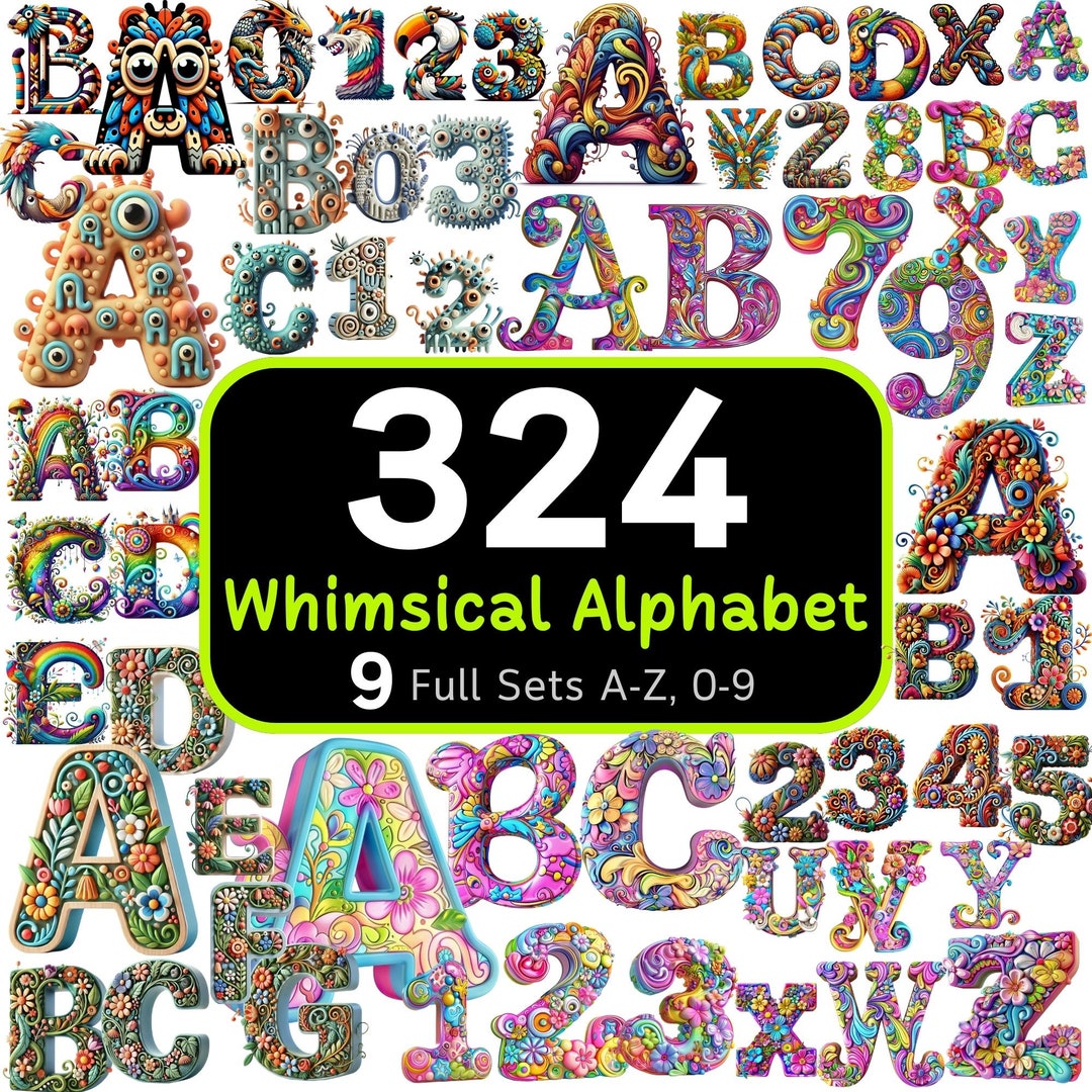 324 Whimsical Alphabet & Numbers Bundle, Whimsical Letters, Whimsical ...