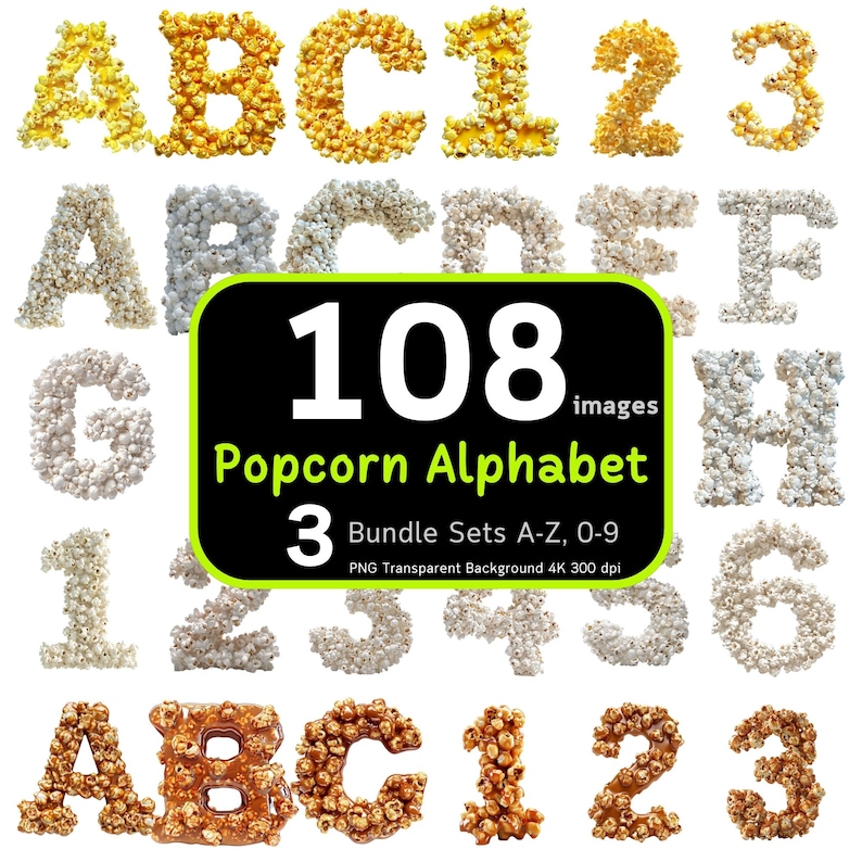 108 Popcorn Alphabet Bundle, Popcorn PNG, Popcorn Clipart, Alphabet PNG ...