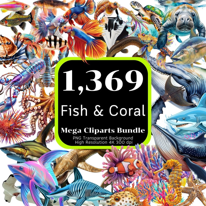 1,369 Fish Cliparts Mega Bundle, Sea Creatures, Corals, Freshwater Fish ...