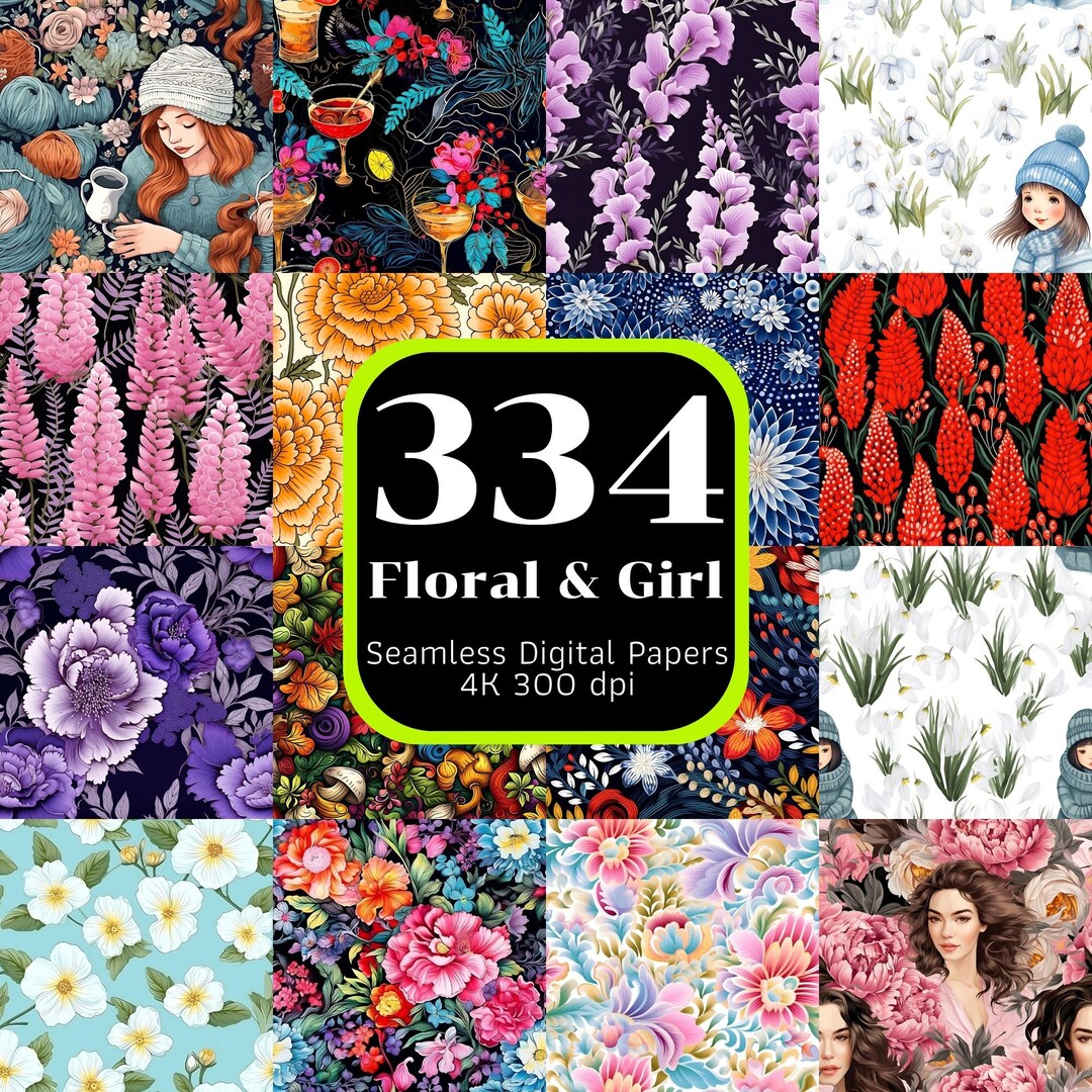 334 Floral & Girl Seamless Digital Papers, Seamless Patterns, Seamless ...