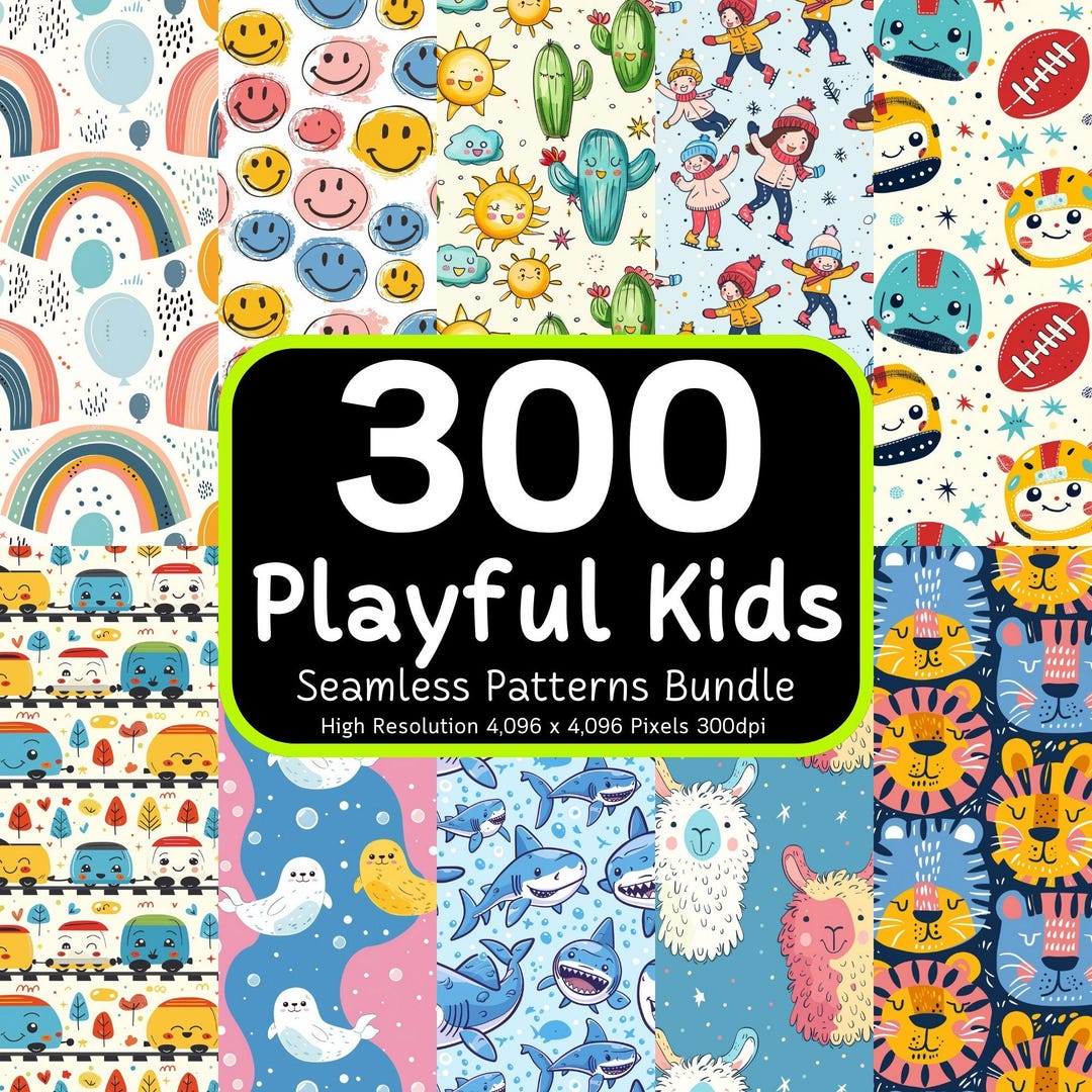 300 Playful Kids Seamless Patterns Bundle, Kids Background, Cute ...