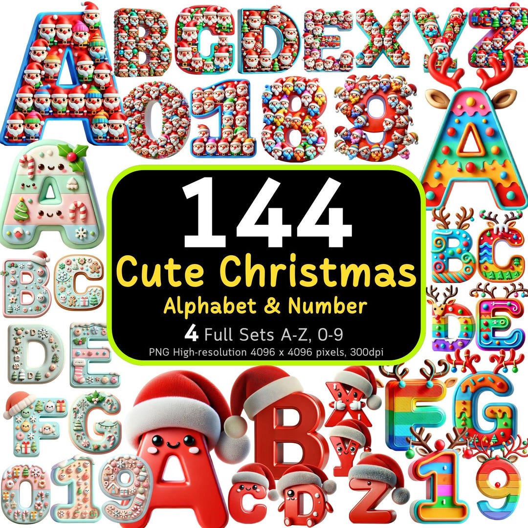 144 Cute Christmas Alphabet & Number Sets, Christmas Letter PNG, Cute ...