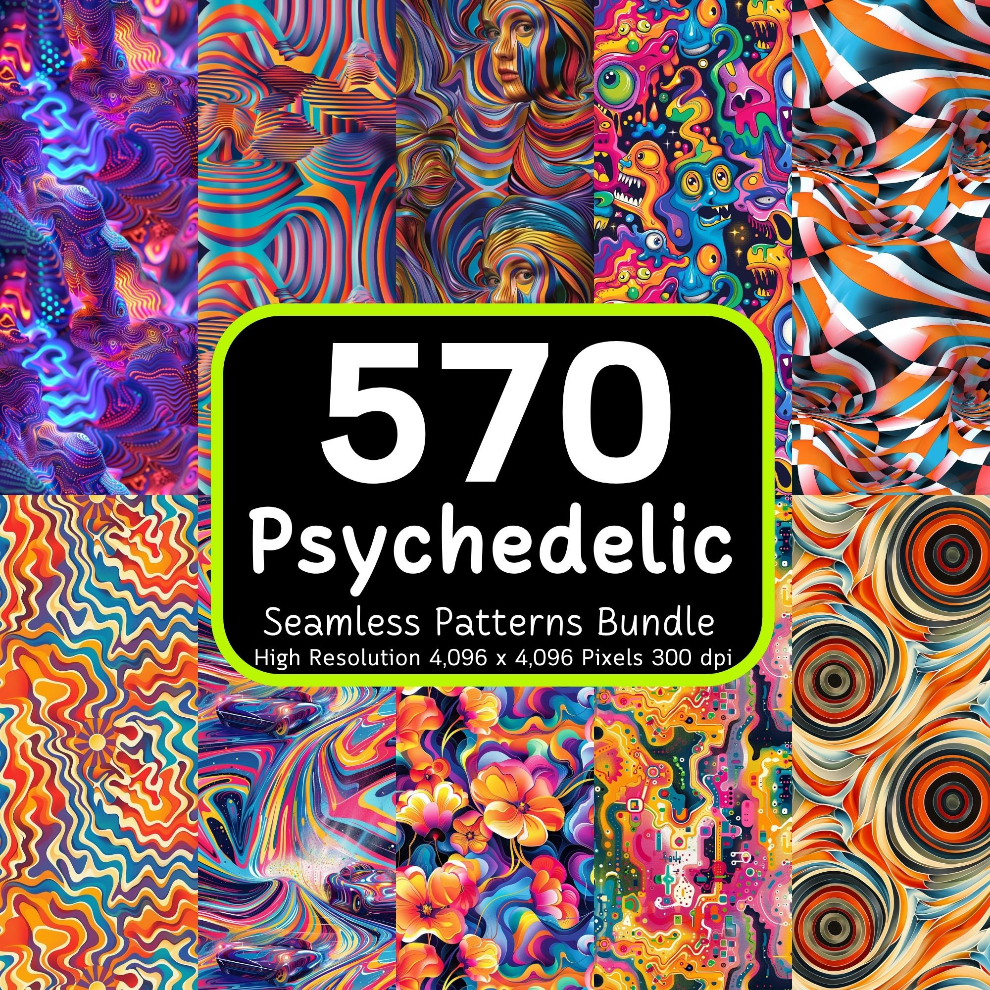 570 Psychedelic Seamless Patterns Bundle, Psychedelic Background, Psychedelic Paper, Sublimation ...