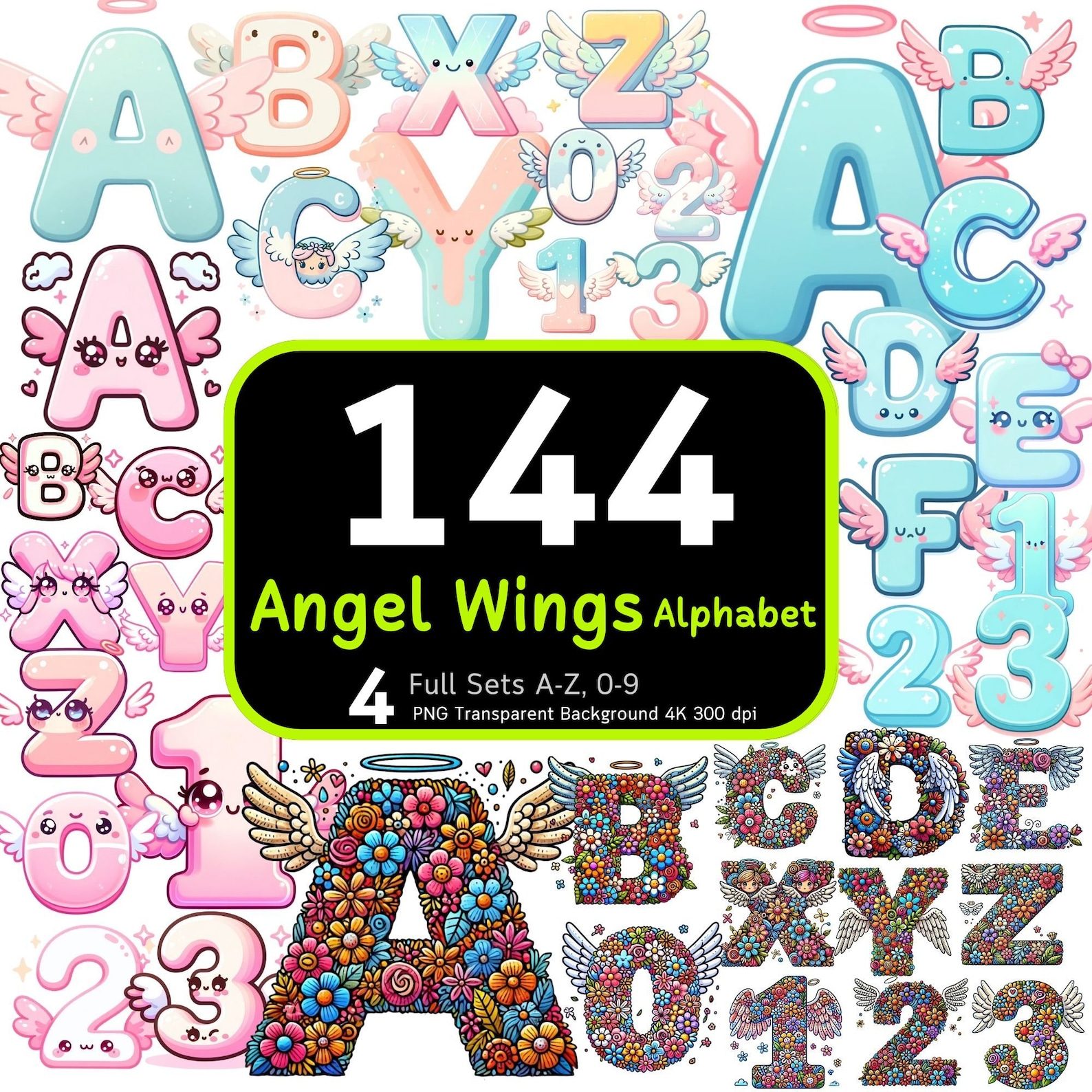 144 Angel Wings Alphabets & Numbers, Cute Letter, Cute Alphabet, Angel ...