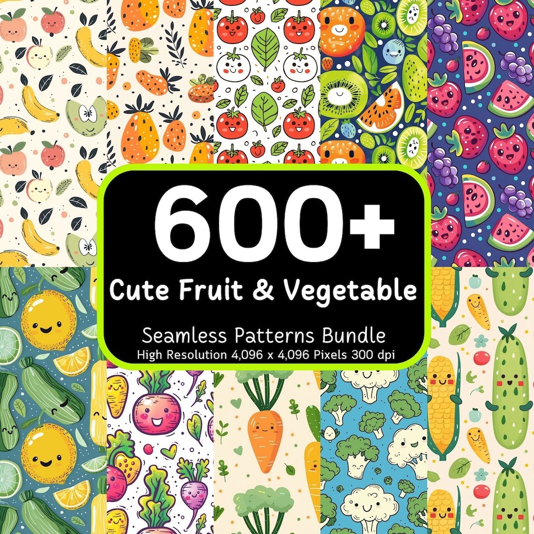 600+ Cute Fruit & Vegetable Seamless Patterns Bundle, Cute Vegetable ...