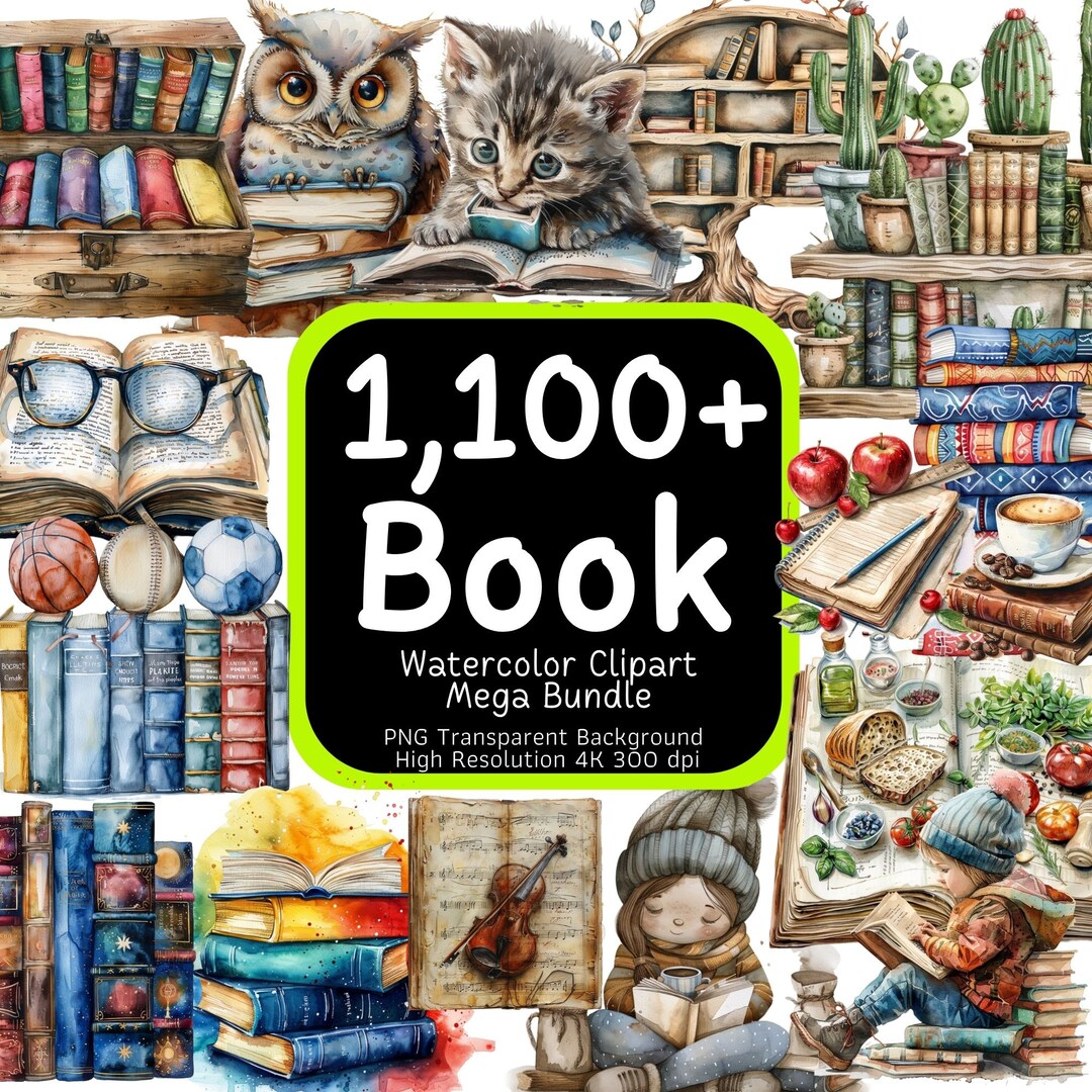 1,100+ Book Watercolor Clipart Mega Bundle, Bookworm PNG, Book Clipart ...