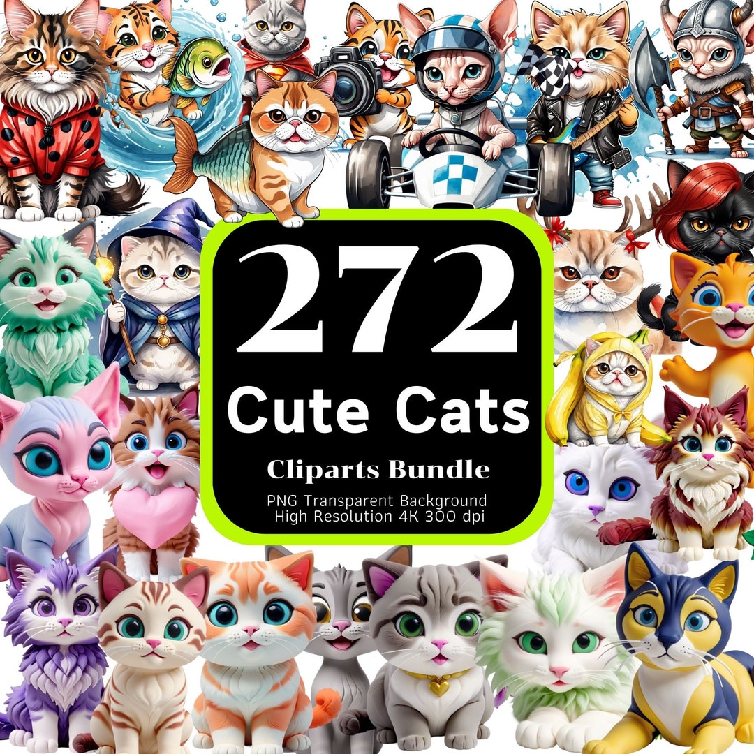 272 Cute Cat Clipart Bundle, Funny Cats, Watercolor Cats, Cat PNG ...