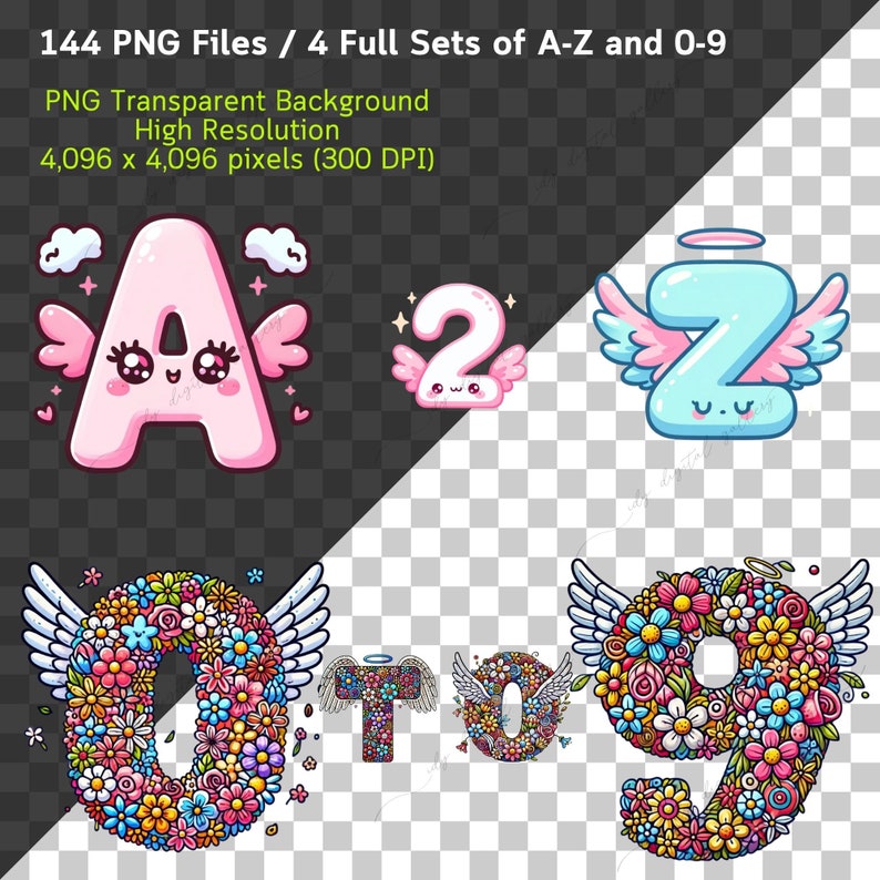 144 Angel Wings Alphabets & Numbers, Cute Letter, Cute Alphabet, Angel ...