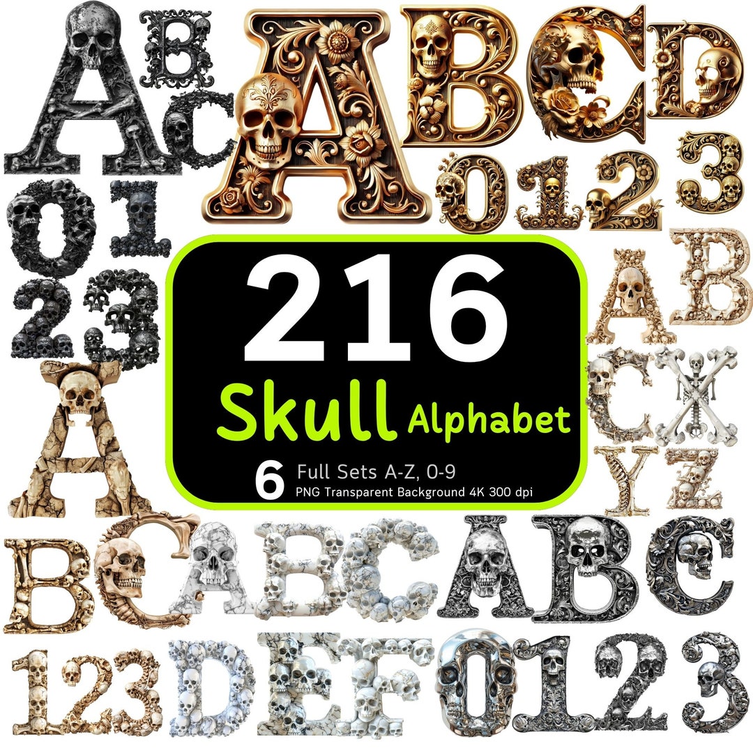 216 Skull Alphabet Bundle, Skull Letters, Floral Skull Clipart, Letter ...