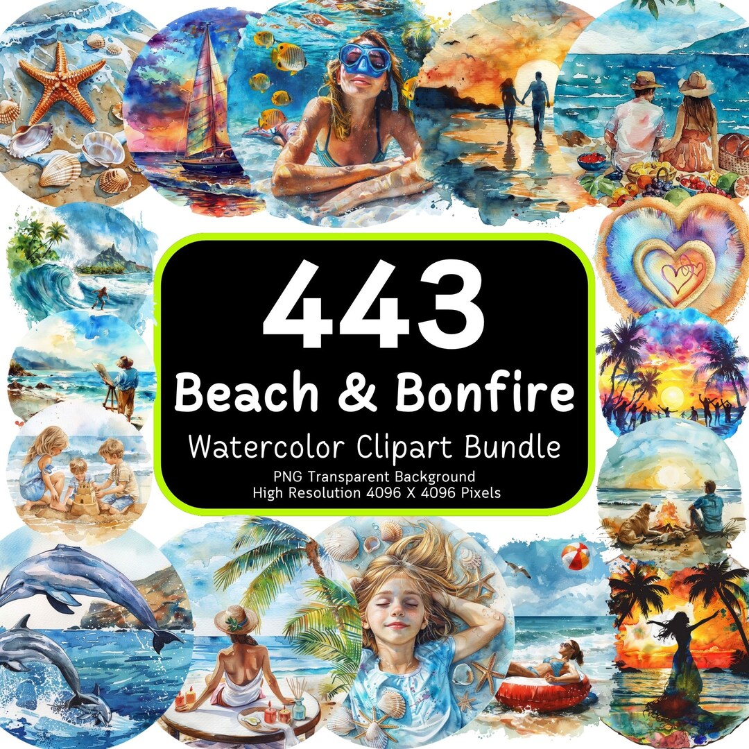 443 Beach & Bonfire Watercolor Clipart Bundle, Beach PNG Designs ...