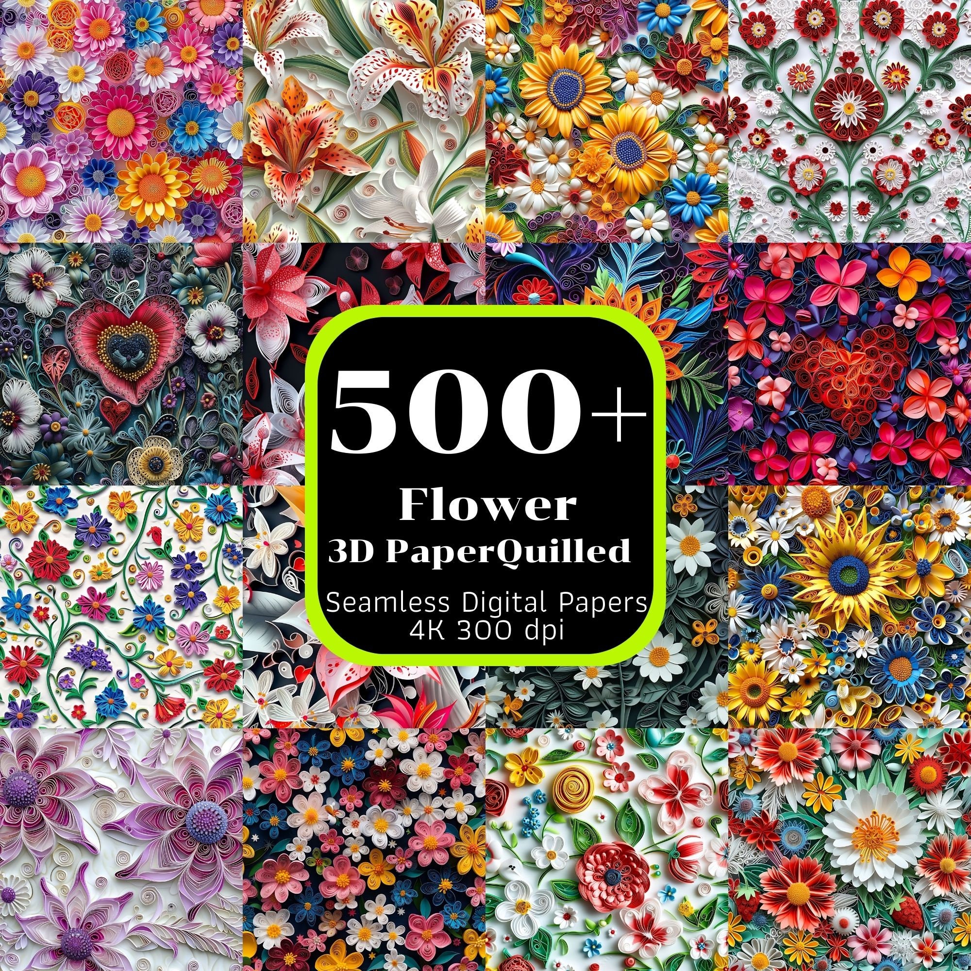 500+ Flower 3D Paper Quilled Patterns, Seamless Digital Papers ...