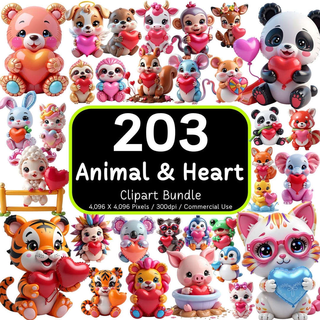 203 Animal & Heart: 3D Clipart Bundle, Kids PNG Files, Valentines Decor ...
