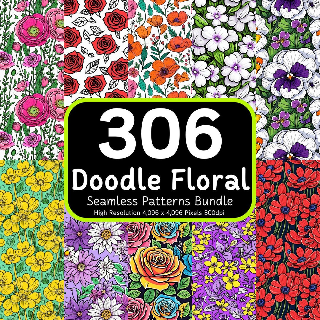 306 Doodle Floral Seamless Patterns Bundle, Doodle Flower Digital Paper ...