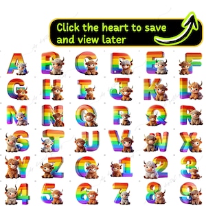 144 Highland Cow Alphabet & Numbers Bundle, Cute Highland Cow PNG, Cute ...