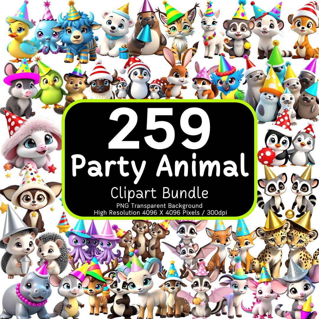 259 Party Animal Clipart Bundle, Baby Animal Clipart, Kids Party ...