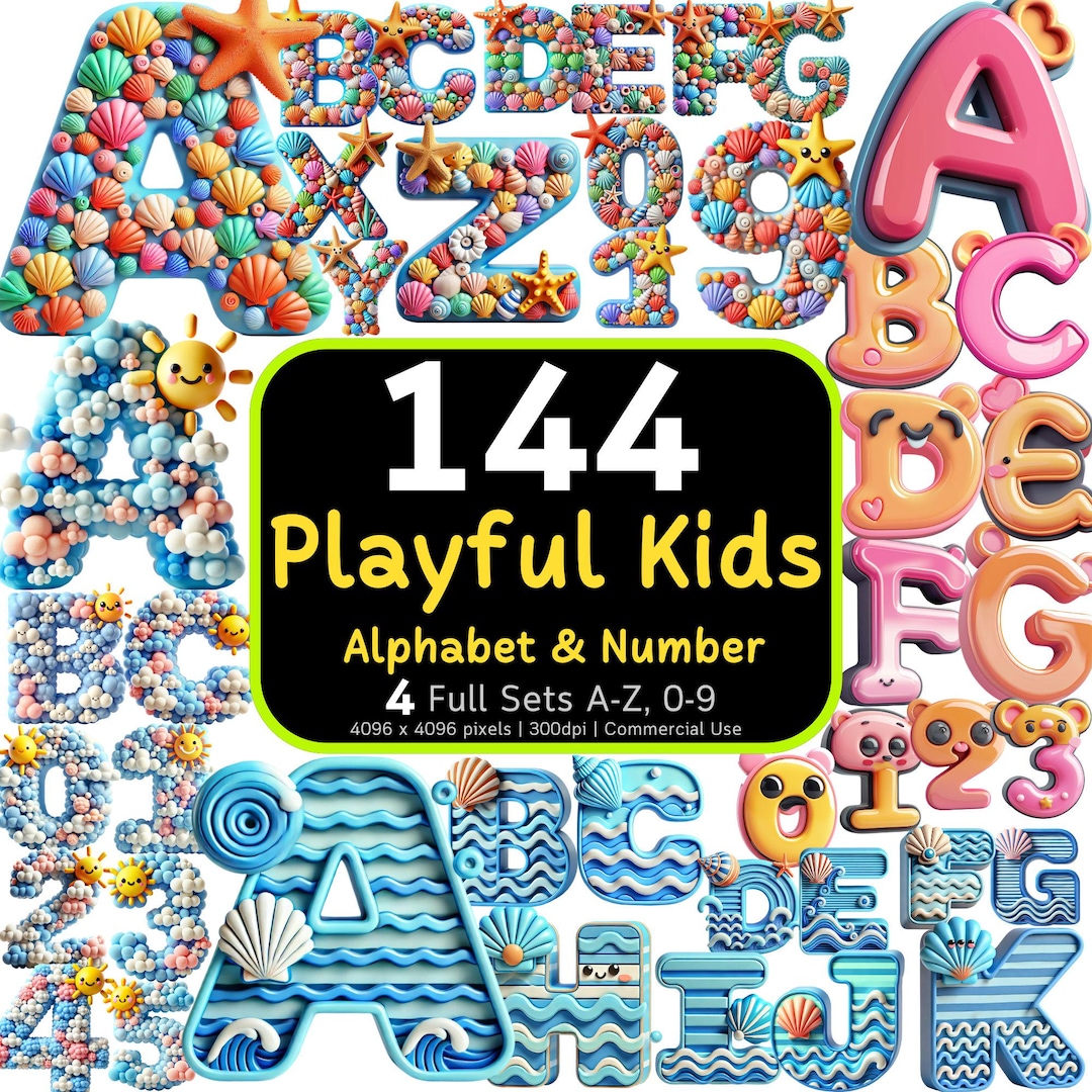 144 Playful Kids Alphabet & Number Clipart Bundle - 4 Sets (A-Z and 0-9 ...