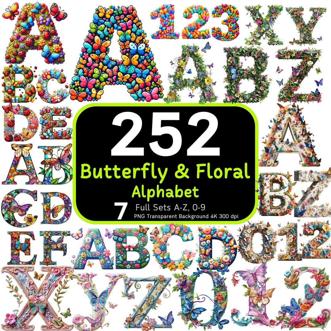 252 Butterfly & Floral Alphabet Bundle, Butterfly Alphabet, Flower ...