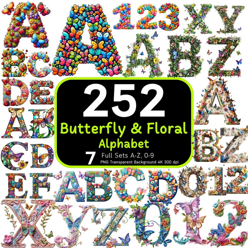 252 Butterfly & Floral Alphabet Bundle, Butterfly Alphabet, Flower ...