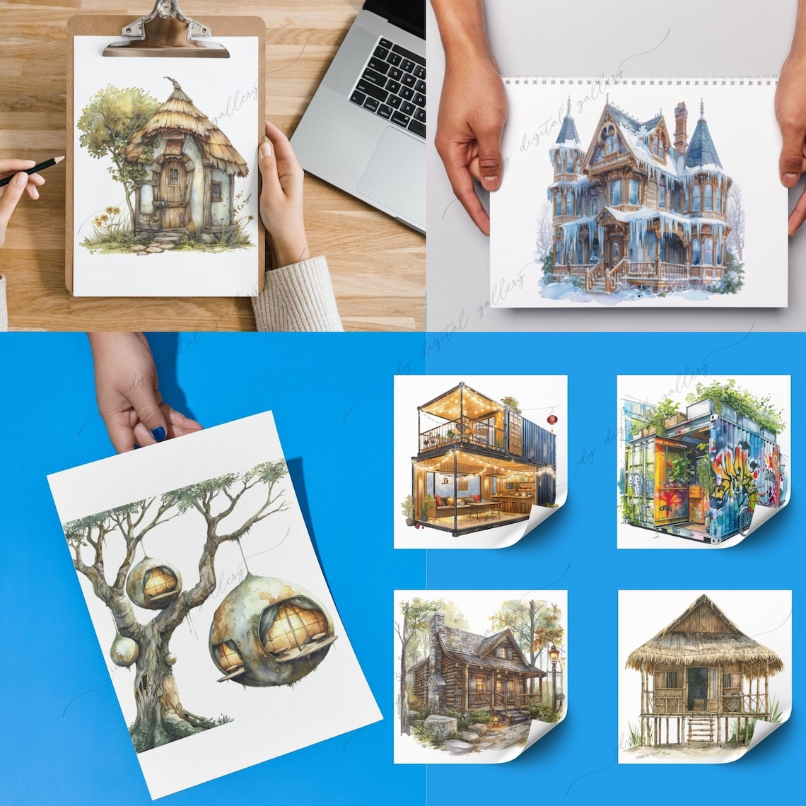 360 Houses Clipart Bundle, Watercolor House Clipart, House PNG, Home ...