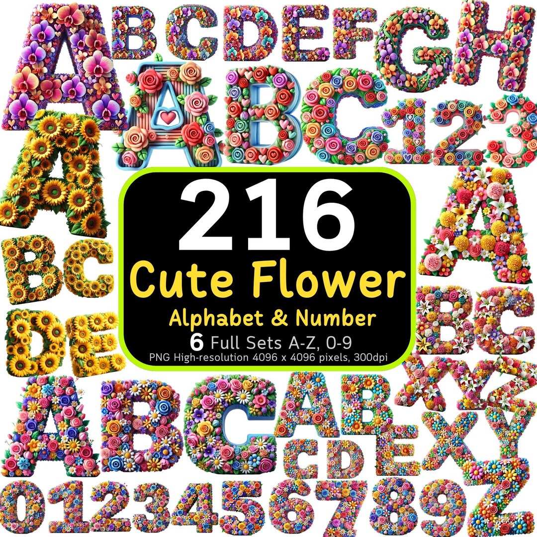 216 Cute Flower Alphabet & Numbers Bundle, Floral Letters PNG, Cute ...