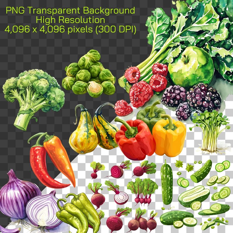 612 Watercolor Vegetable Cliparts, PNG Clipart, High-resolution 4K With ...