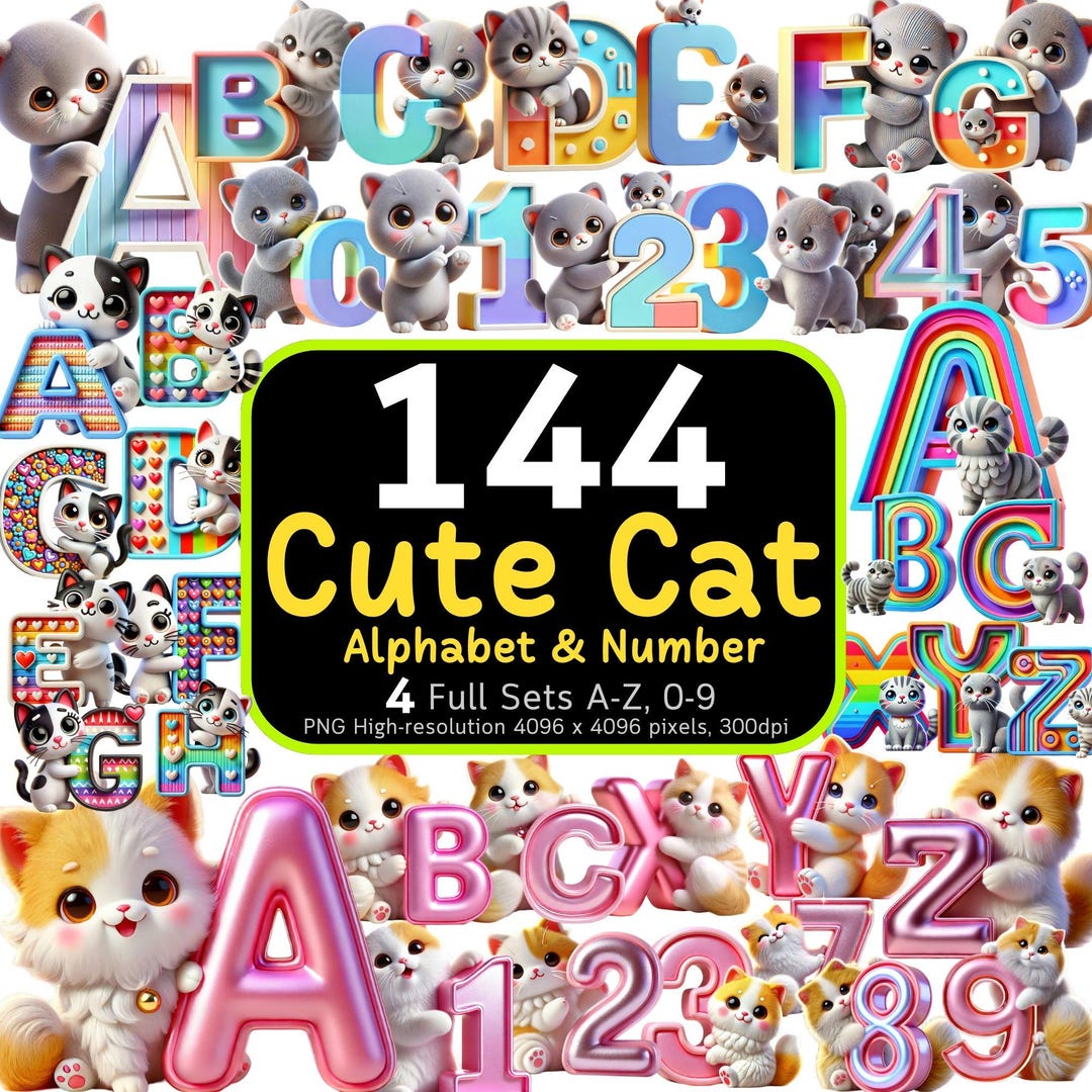 144 Cute Cat Alphabet & Numbers Bundle, Cat Letter Set, Cat PNG Clipart ...
