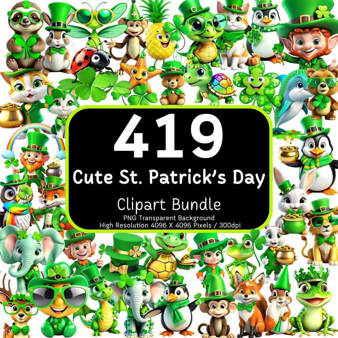 419 Cute St. Patrick's Day Clipart Bundle, 4 Leaf Clover PNG, Shamrock ...