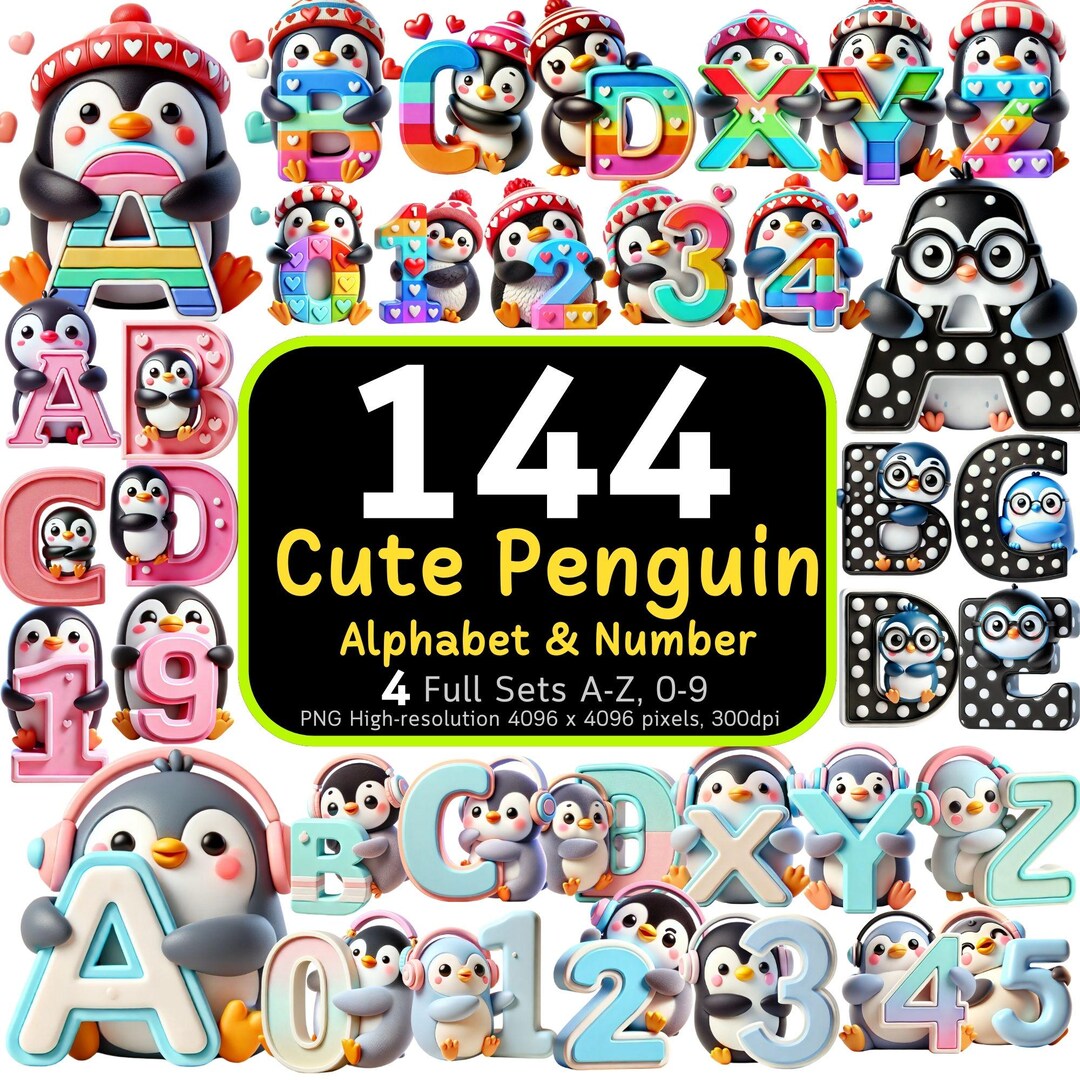 144 Cute Penguin Alphabet & Numbers Bundle, Cute Letter Set, Cute ...